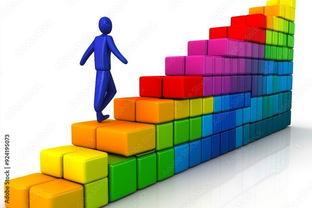 3D colorful staircase with a human figure ascending symbolizing ...