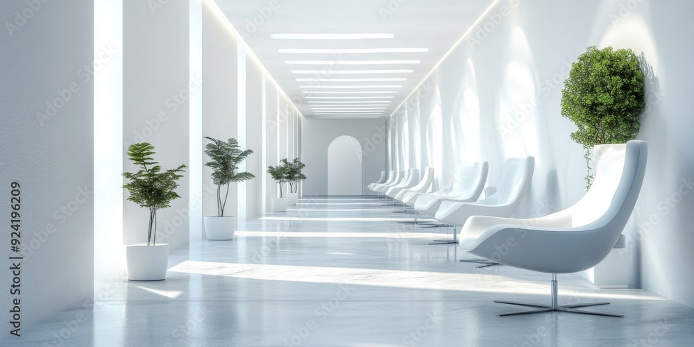 Elegant White Architectural Corridor with Modern Waiting Chairs: A ...