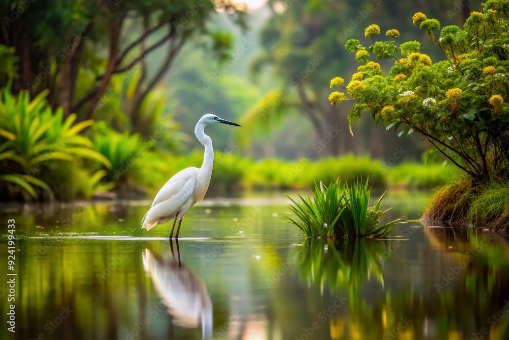 Serene panoramic landscape of a little egret wading in a calm ...