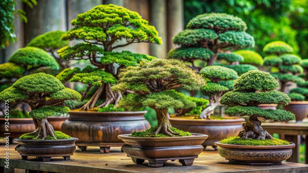 Majestic bonsai trees sit serenely in shallow pots, showcasing ...