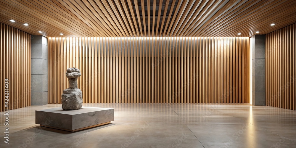 Modern gallery with wooden slat wall and rock sculpture, modern ...