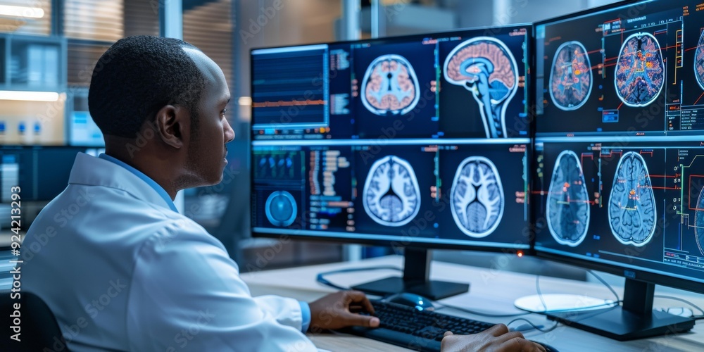Black male doctor analyzing brain scans on multiple computer monitors ...
