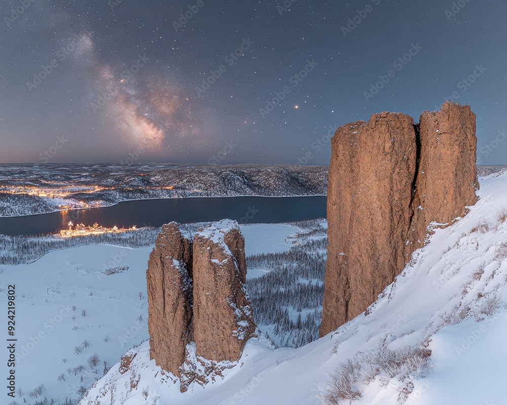 Stunning Night Sky Over Snow-Covered Rocky Monoliths and Frozen Lake ...