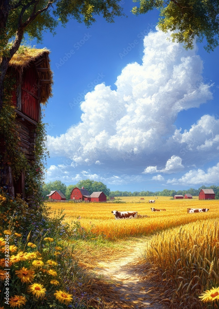 Bucolic Rural Scenery with Lush Summer Fields, Barns, and Grazing Cows ...