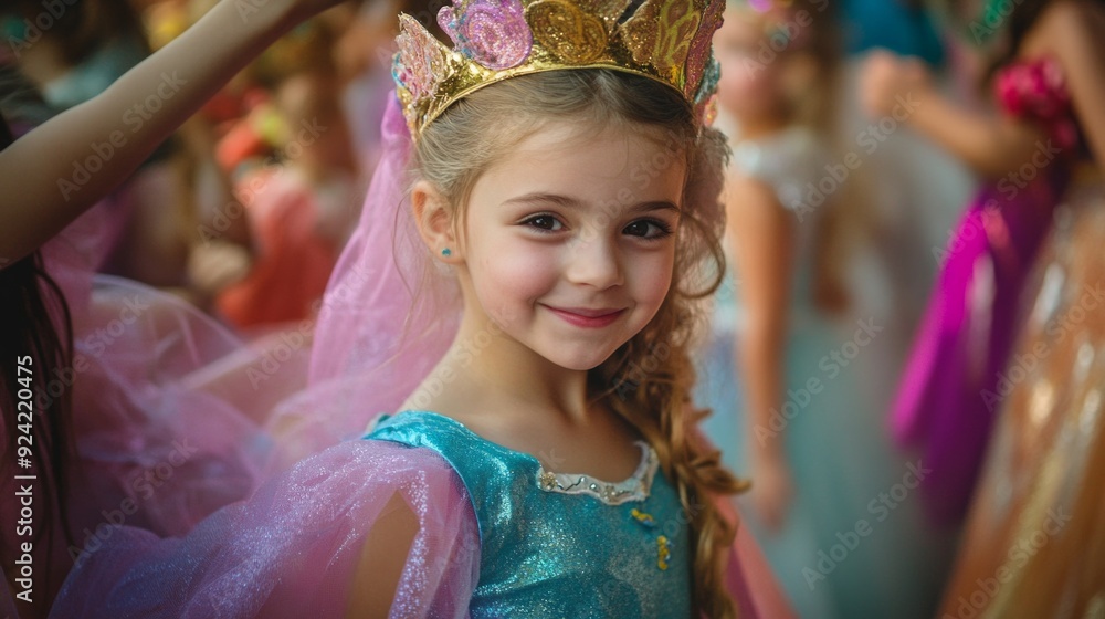 A joyful little princess smiles in her colorful costume. She wears a ...