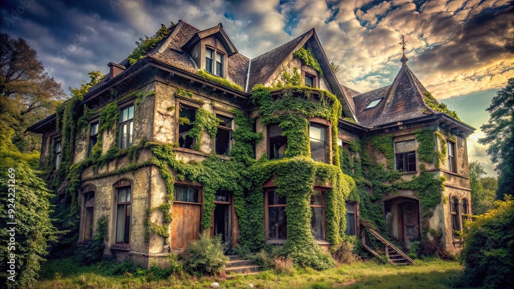 Spooky dilapidated mansion with overgrown vines and shattered windows ...