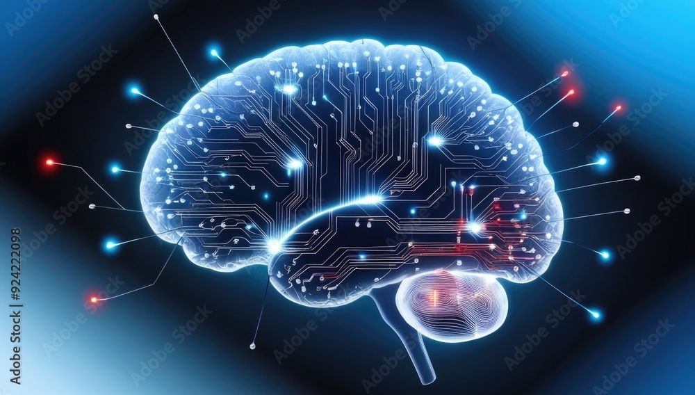 Futuristic human brain depicted as an electronic circuit with blue and ...