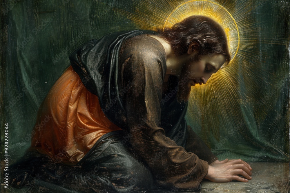 Spiritual reverence: Jesus Christ prays to god father, depicting ...