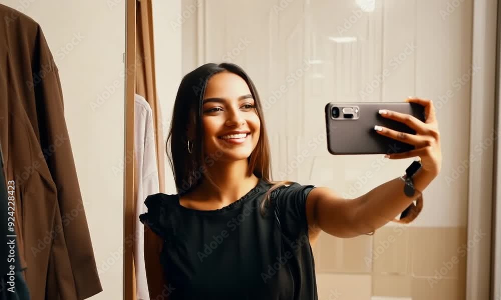 Pretty girl is making mirror selfie with smart phone while standing in ...