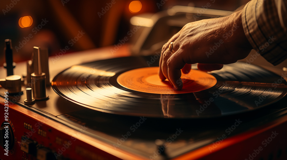 Vintage Vinyl Record On Turntable Warm Orange Glow Detailed Close-up ...
