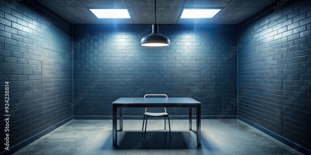 Dark, gritty interrogation room with single bright light overhead in a police station , police ...