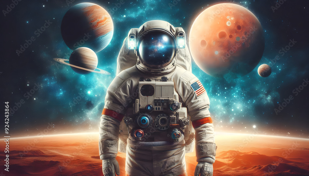 Astronaut explores space being desert planet. Astronaut space suit ...