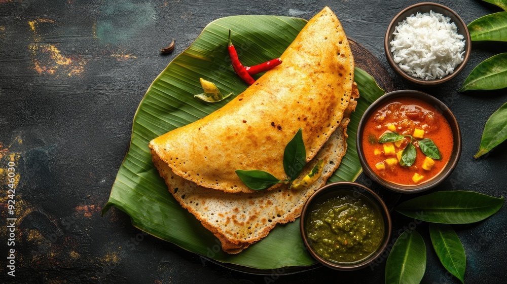 Top view of a traditional South Indian dosa served with coconut chutney ...