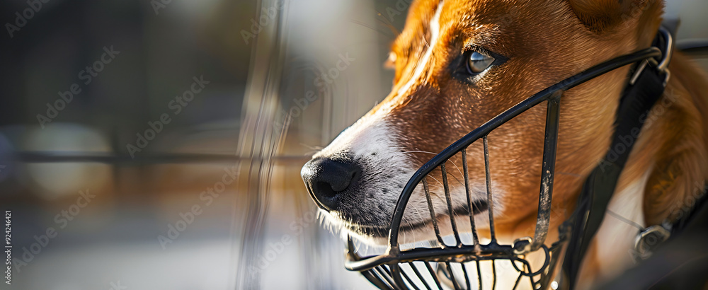 Close up portrait of a Basenji dog wearing a muzzle ready for coursing or hunting The Basenji is ...