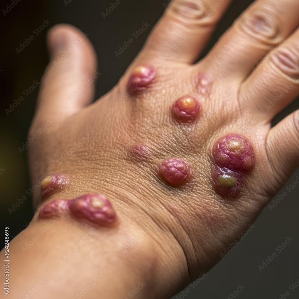 Close-up image of a human hand infected with the monkeypox virus. The ...