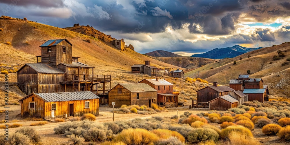 Ghost town of abandoned buildings in the wild west with remnants of old ...
