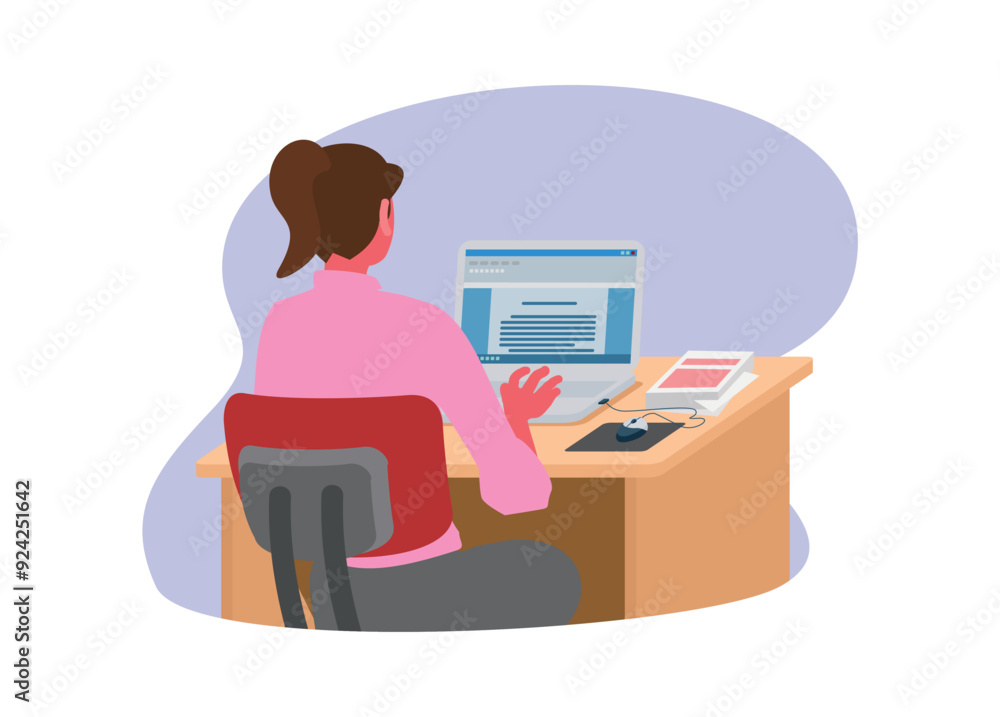 Female employee typing on the laptop. Backside view. Simple flat ...