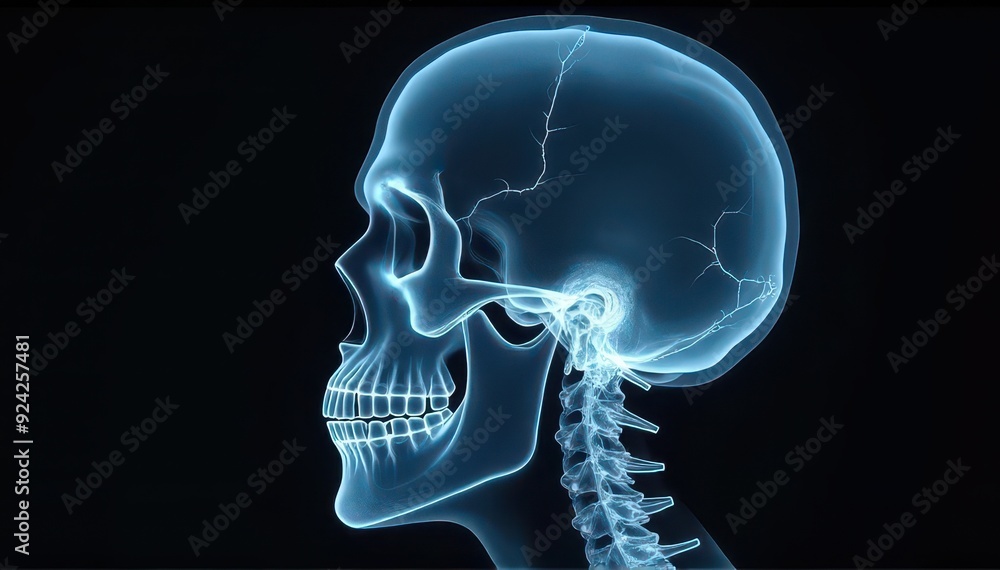 Side view of a human skull and neck x-ray on a black background ...