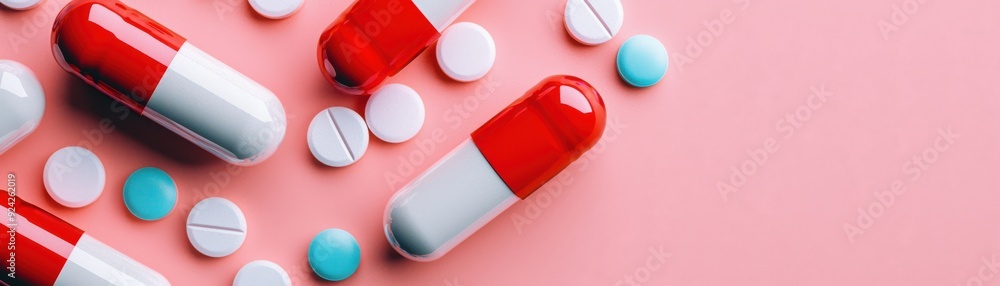 Colorful capsules and tablets arranged on pink background, showcasing ...