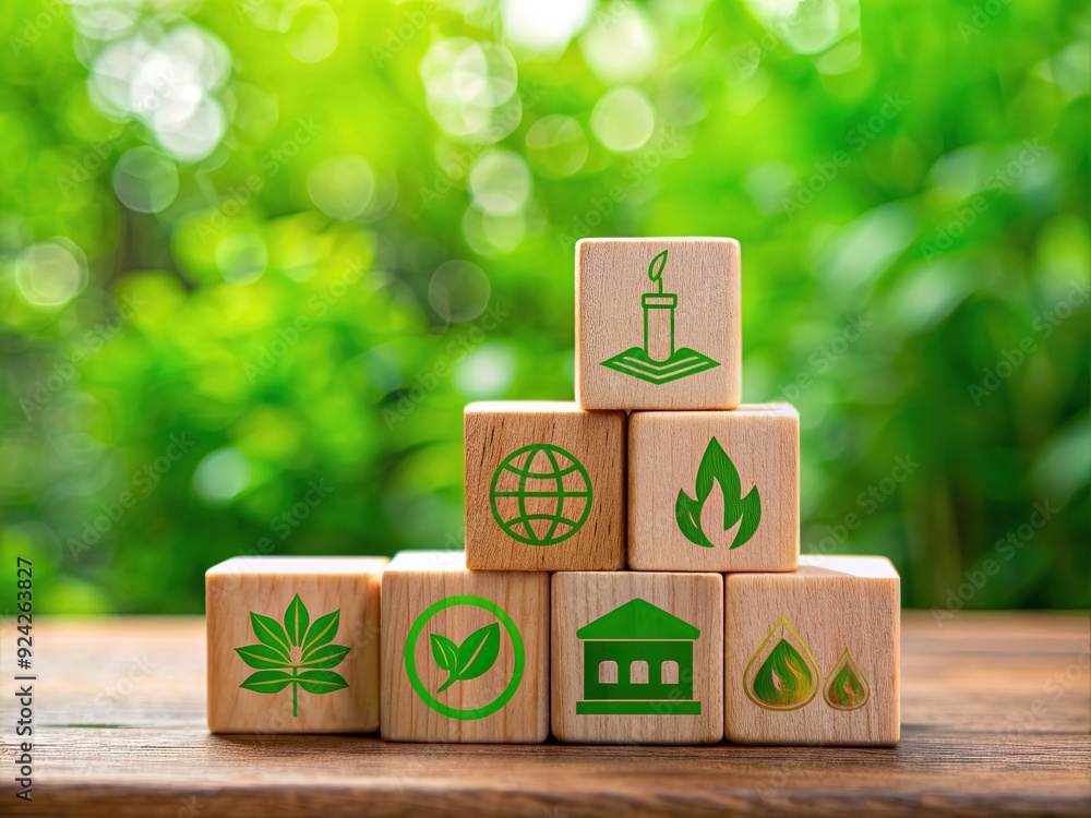 Wooden cubes with decarbonization and green icons on a green banner ...