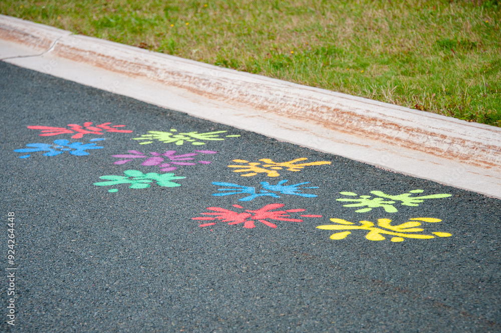 A colorful outdoor children's fun recreation game with shapes of ...