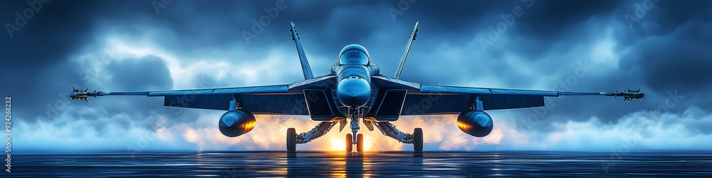 panorama view, air force airplane taking off or landing, airbase and ...