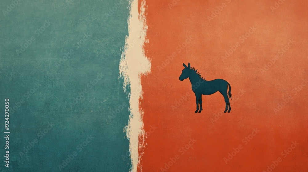 Black silhouette of a donkey on an orange background with a vertical ...