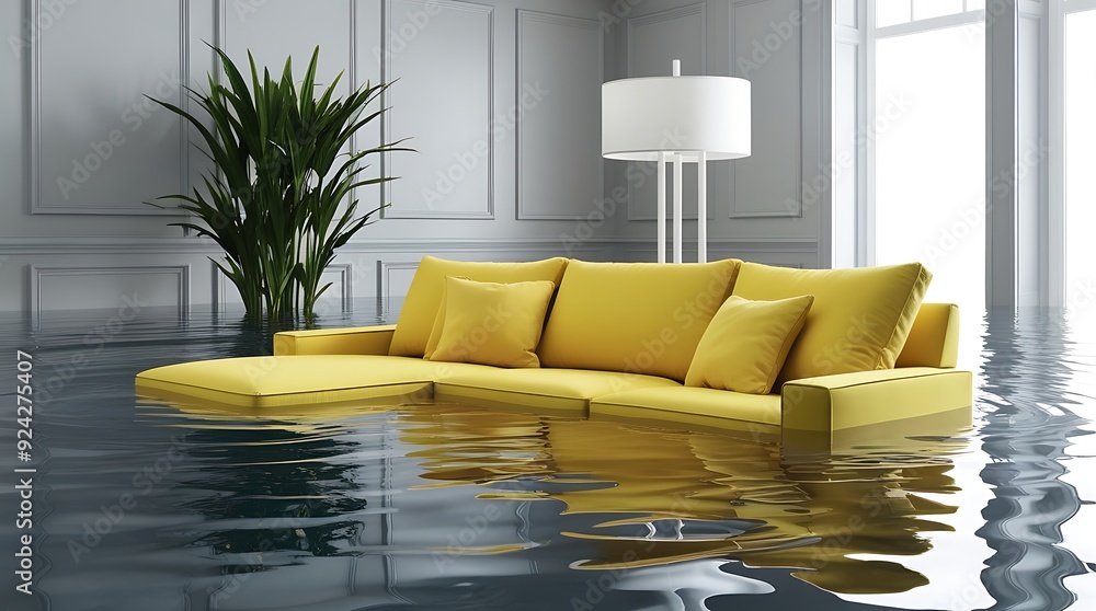 A floating couch in an empty room symbolizes severe water damage ...
