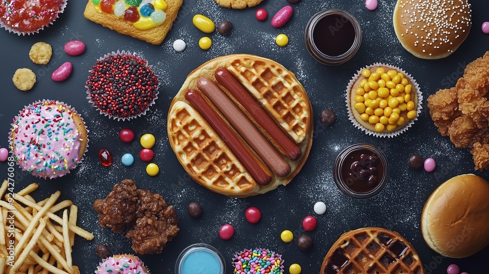 Top view of a diverse fast food feast with hot dogs, waffles, and an ...