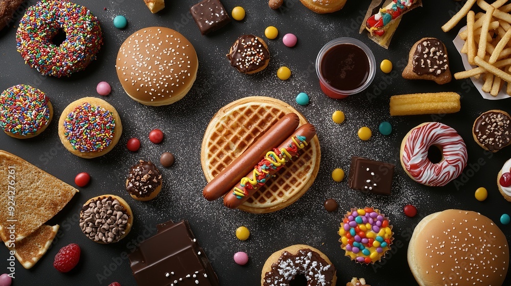 Top view of a diverse fast food feast with hot dogs, waffles, and an ...