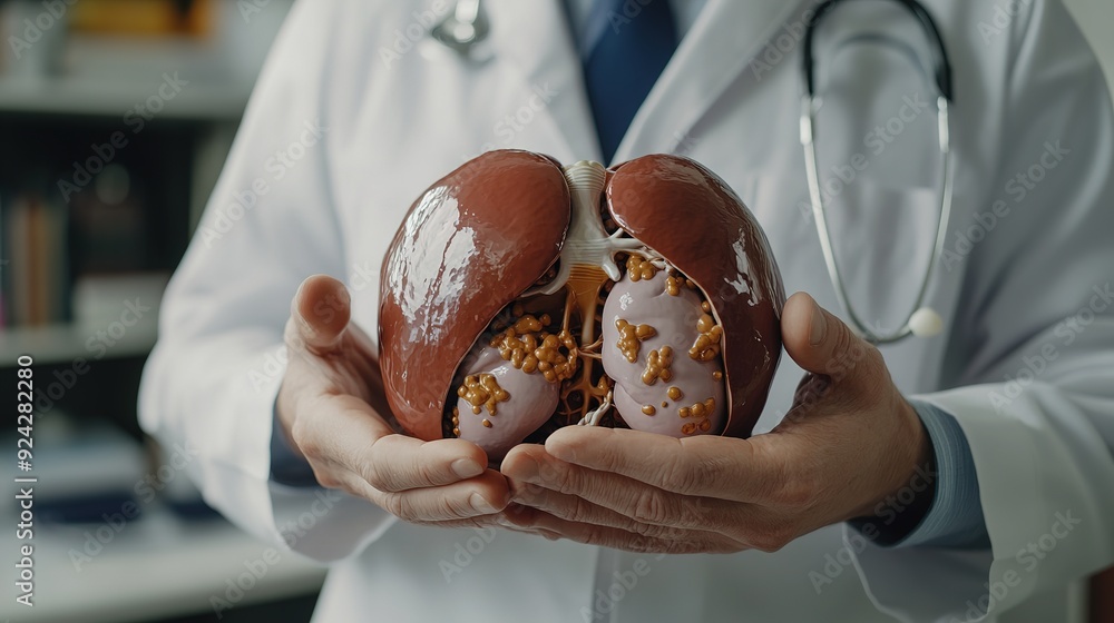 Doctor with human Liver anatomy model. Liver cancer and Tumor, Jaundice ...
