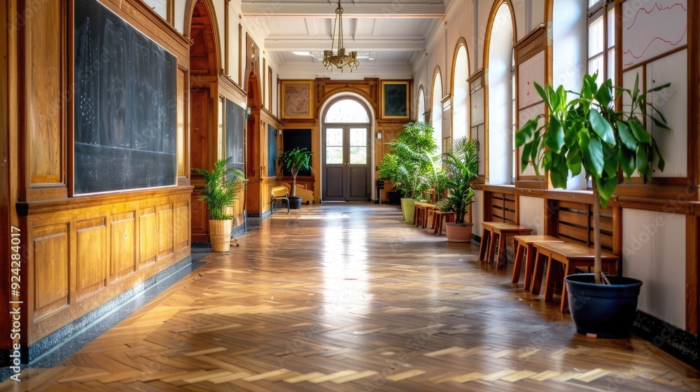 Bright and spacious school corridor with large windows, wooden paneling ...