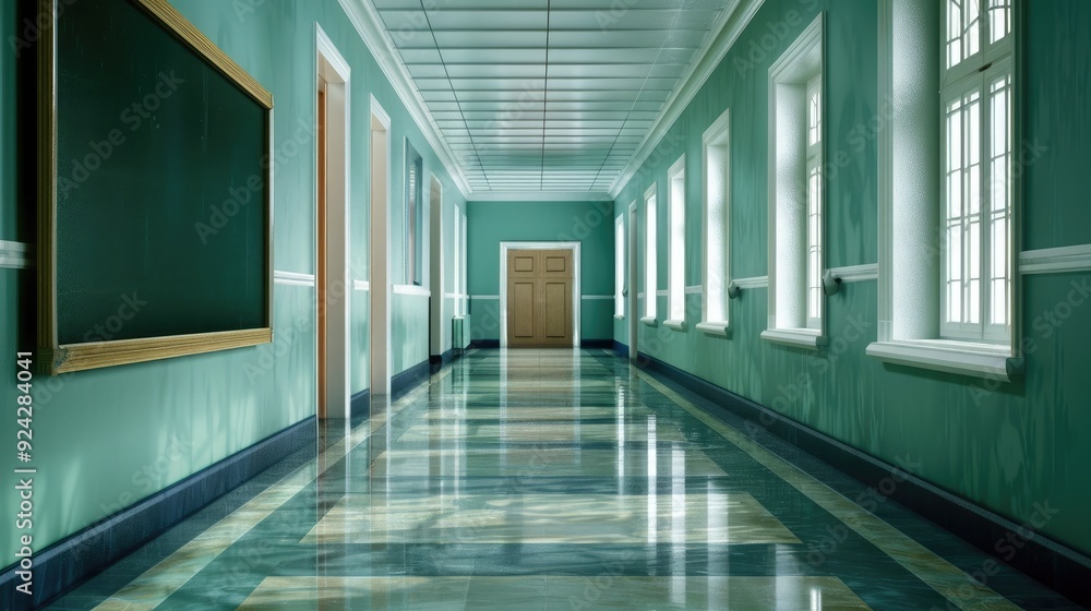 Bright, empty school hallway with glossy floor, windows lining the ...