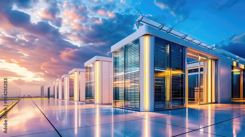 Modern data center with glass buildings and vibrant sunset sky ...