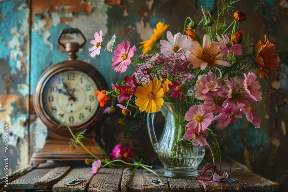 country still life with a bouquet of garden flowers in a glass jug and ...
