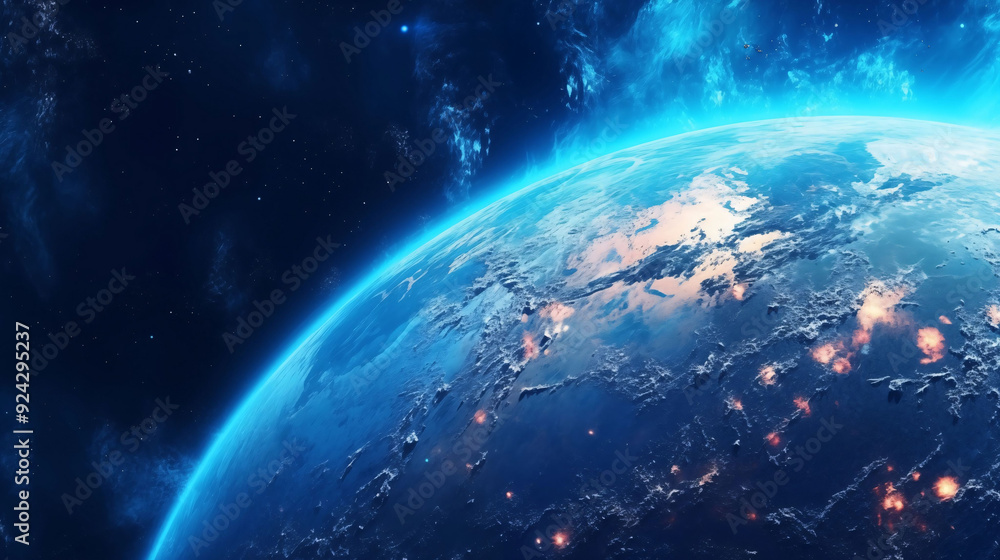 Luminous Earth against a dark blue space background with realistic ... Luminous Earth against a dark blue space background with realistic ...