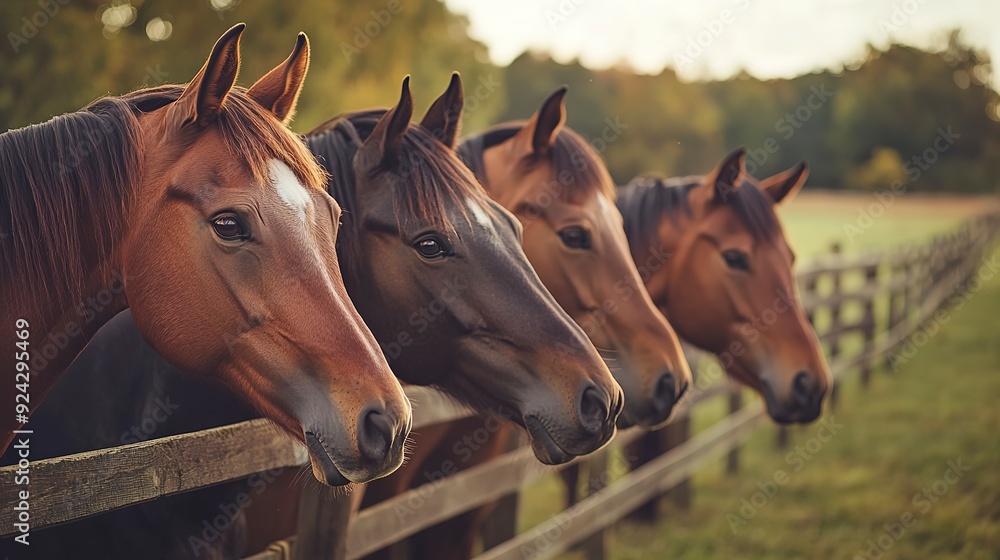 lineup of horses - horses putting their heads together - equestrian ...