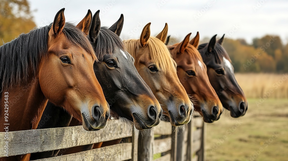 lineup of horses - horses putting their heads together - equestrian ...