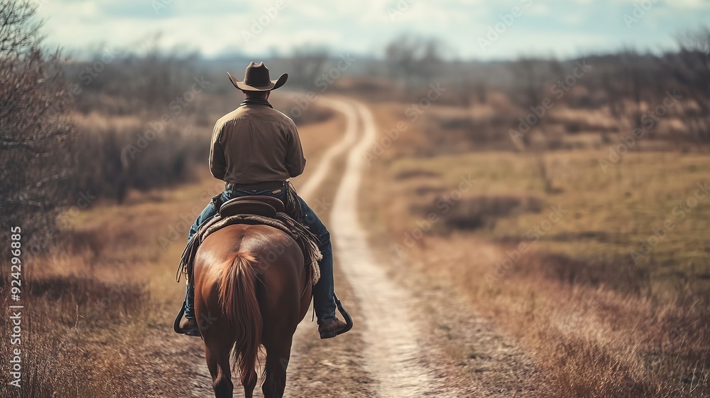 Male cowboy riding a horse down a dirt road in a scenic landscape ...