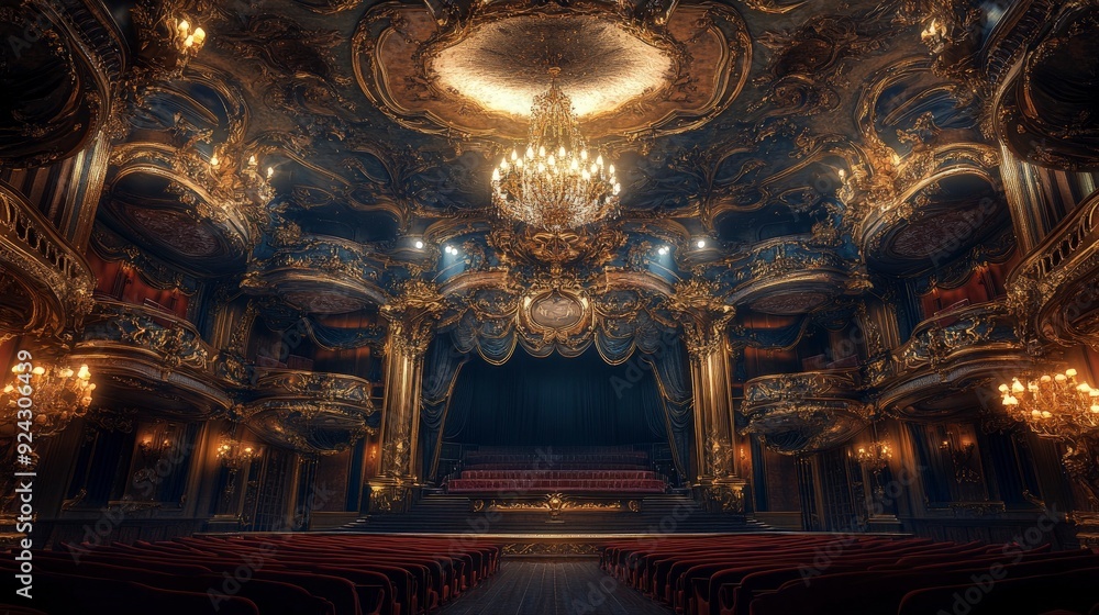 ornate, empty opera house interior, with a grand chandelier, velvet ...