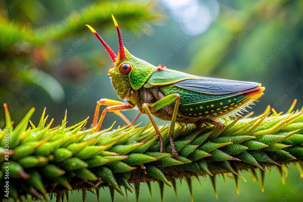 Vibrant green thorn tree hopper insect with spiked crown perches on a ...