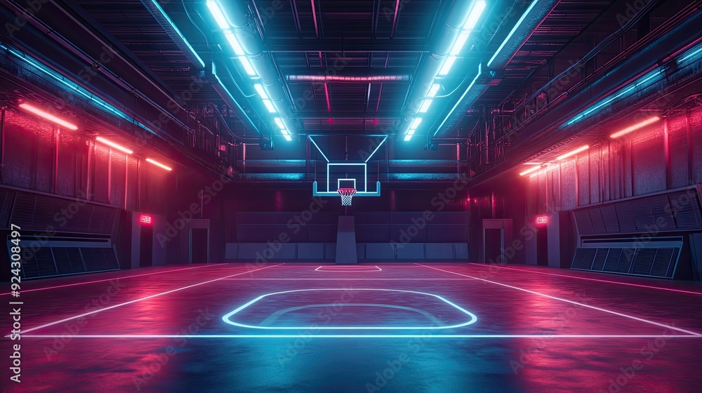 smart basketball court, with LED-lit boundaries and sensors, bright ...