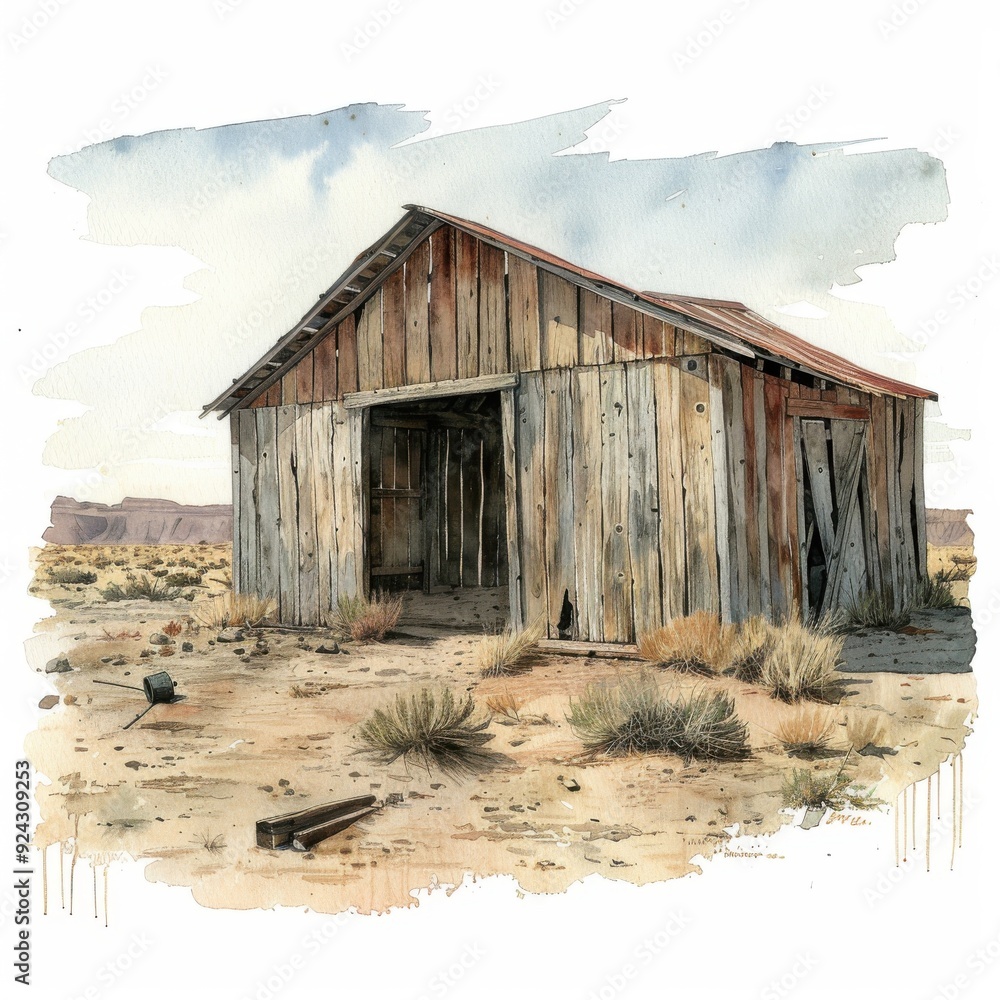 A detailed watercolor painting of an abandoned, weathered wooden shack ...