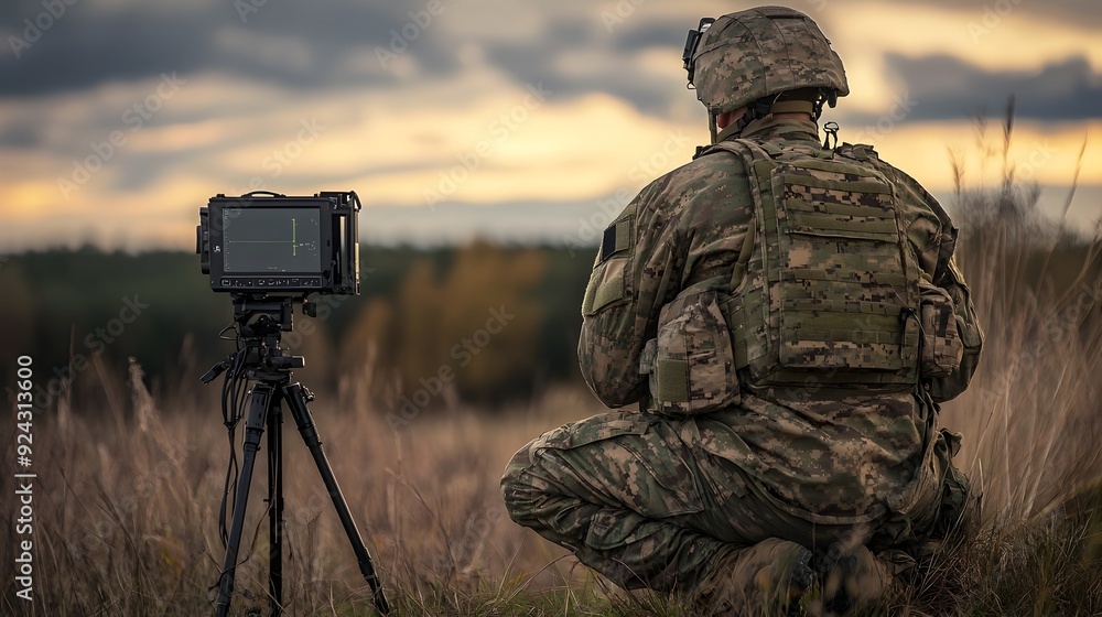 Camouflaged Soldier Surveilling Terrain with Targeting Device Stock ...