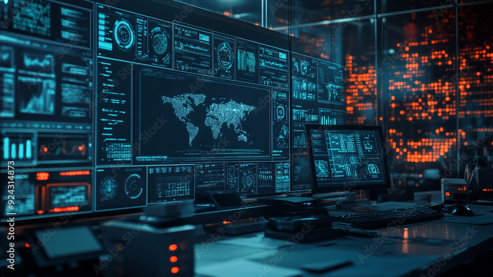 Cybersecurity Operations Center Featuring Icons Of Threat Detection Tools And Real Time