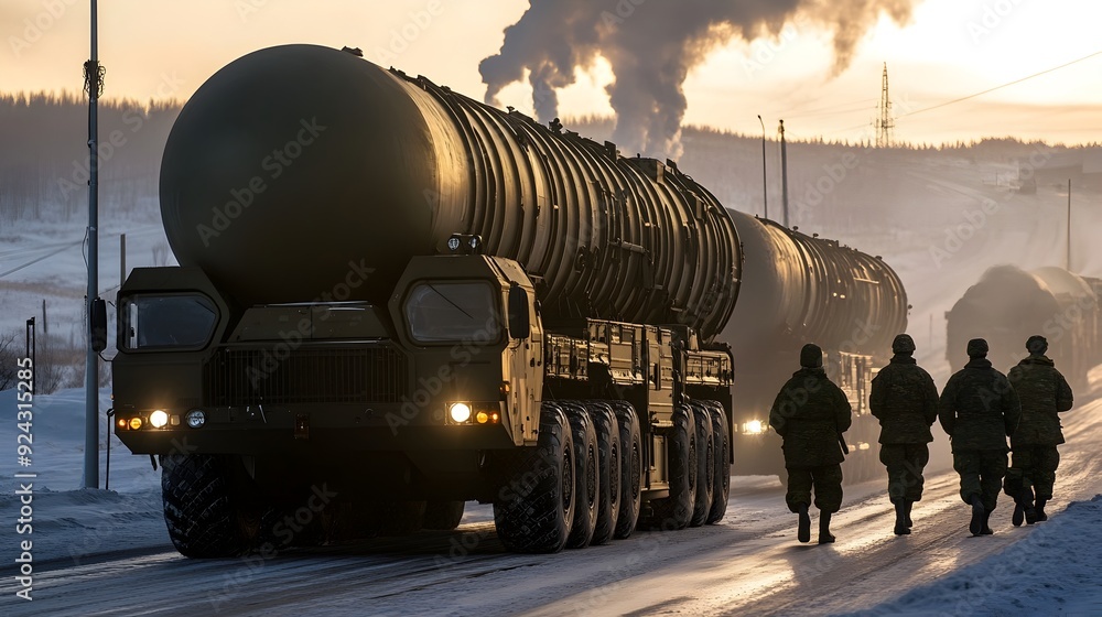 Military Convoy Transporting Massive Missile System with Security ...
