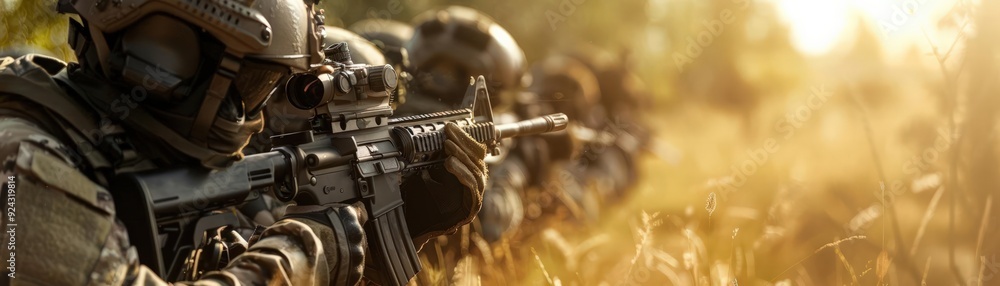 Army in tactical gear during a tense perimeter defense, military ...