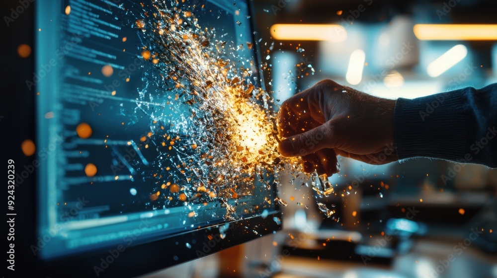 Dynamic shot of a hand forcefully breaking through a cracked PC monitor ...