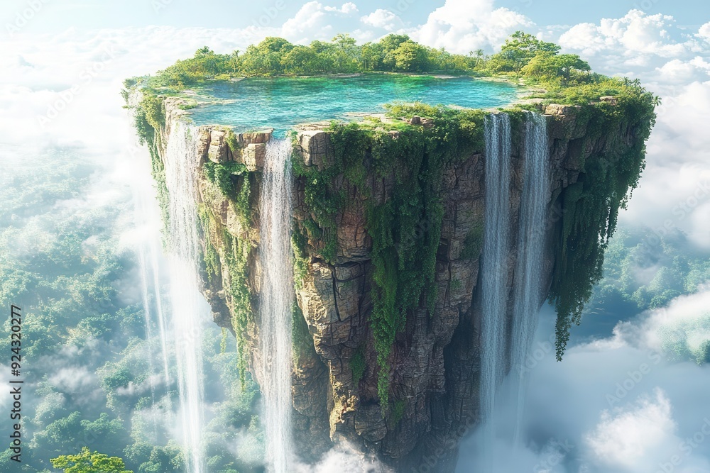lush tropical island suspended in azure sky cascading waterfalls ...