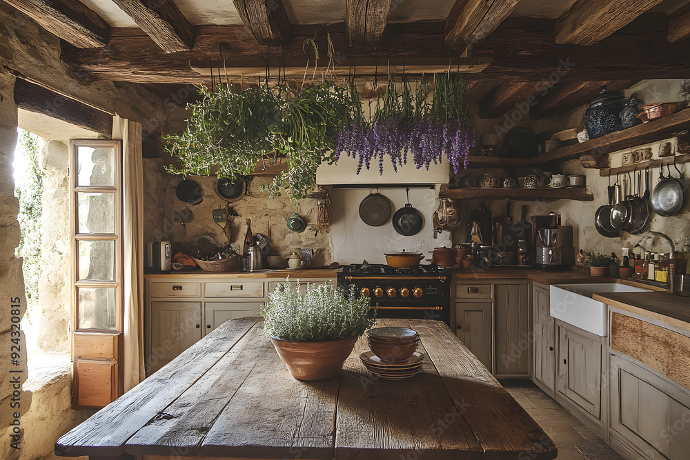 Traditional French country kitchen with rustic wooden table and ...